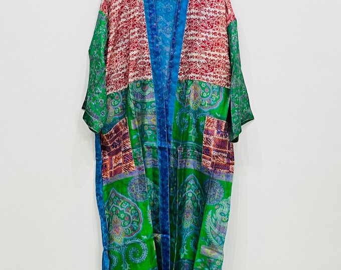 Silk Patchwork Kimono Robe - Recycle Silk Long Kimono Jacket - Boho ...