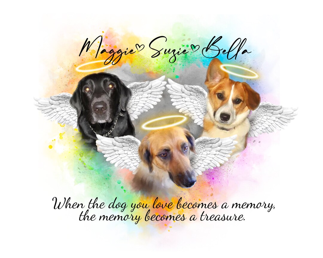 Dog Memorial Portrait, Dog Memorial Gift, Angel Pet Halo Wings, Pet ...