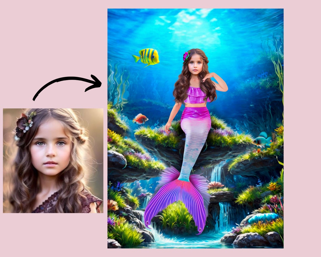 Custom Mermaid Portrait From Photo Mermaid Birthday Theme - Etsy