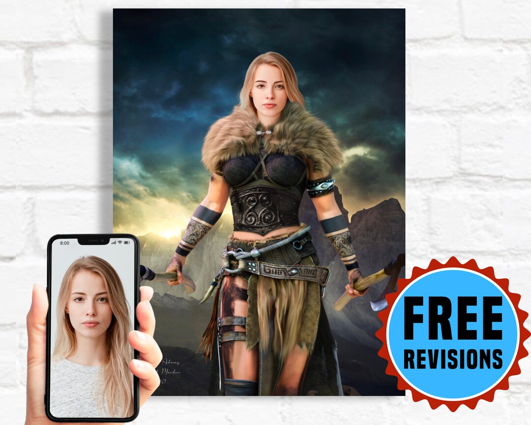 Shield Maiden Custom Portrait From Photo, Female Warrior Gift, Unique ...