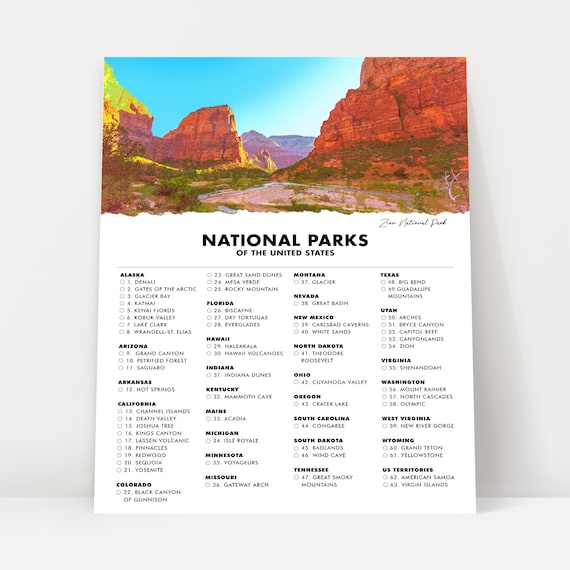 National Park Checklist Poster Print 63 US National Parks - Etsy