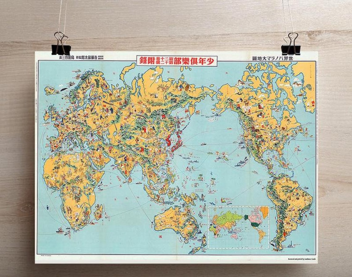 Illustrated Japanese World Map Vintage Map Japan Old Map - Etsy Canada