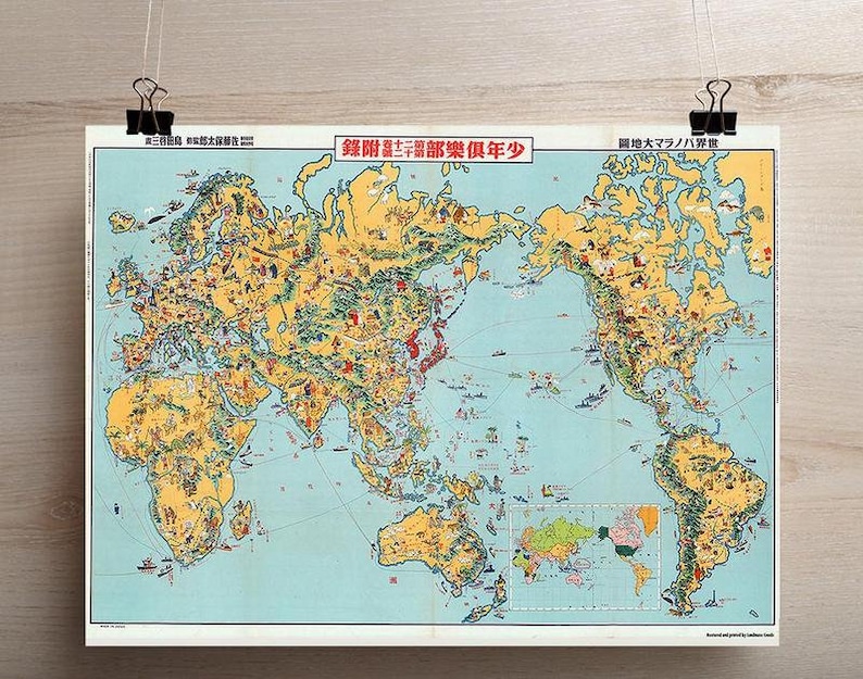Illustrated Japanese World Map Vintage Map Japan Old Map - Etsy Canada