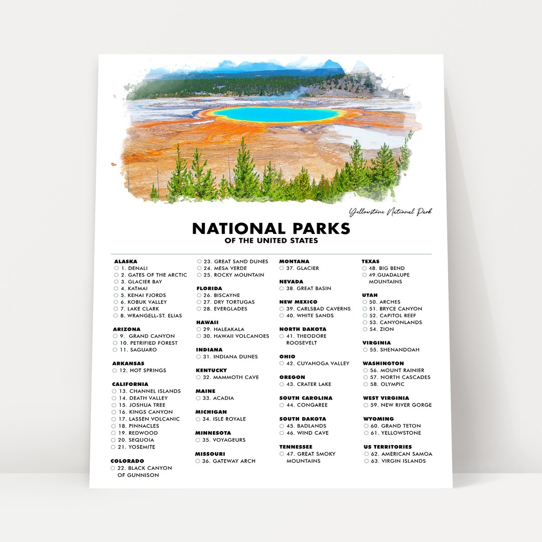Yellowstone National Park Checklist Poster - 63 US National Parks ...