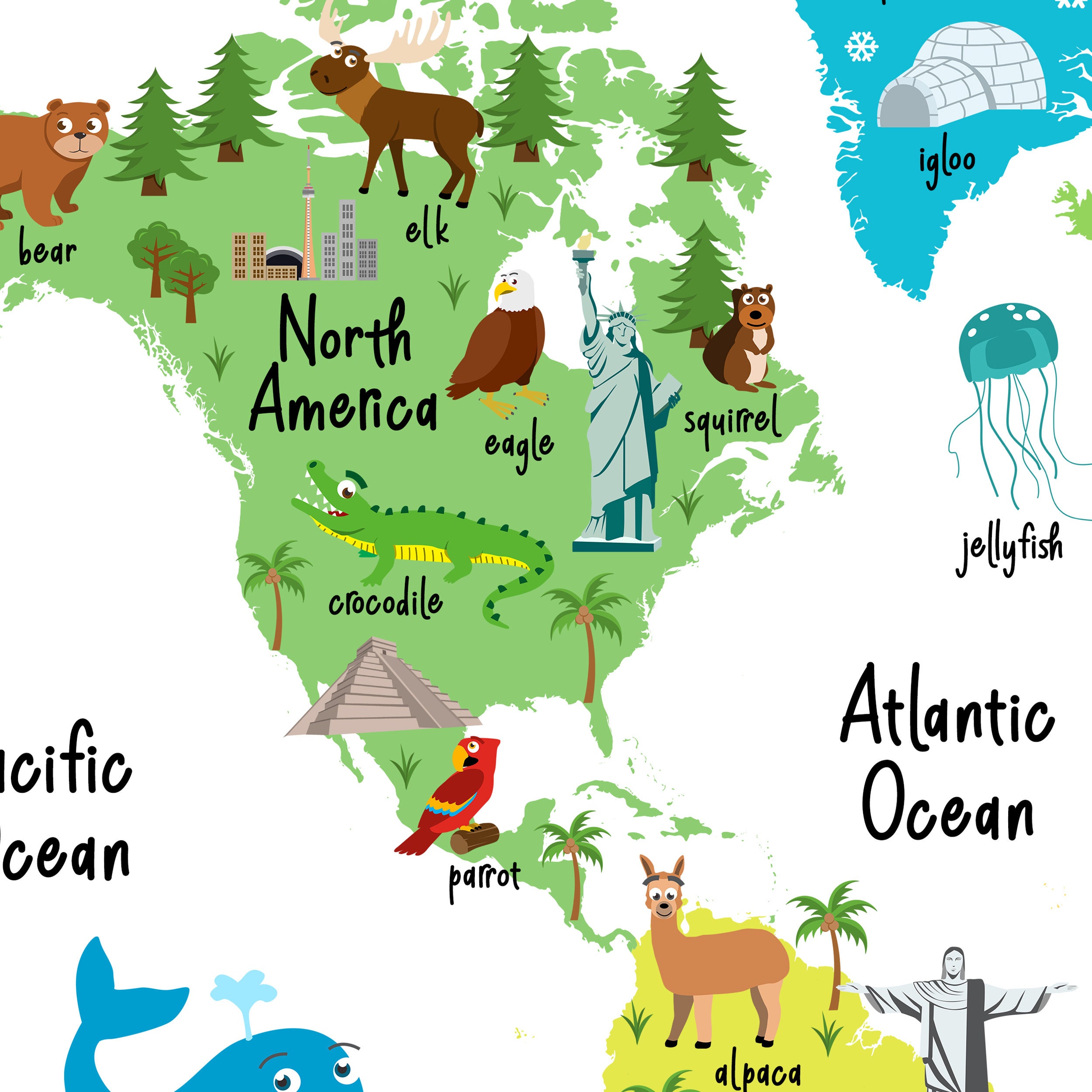 Kids World Map Poster, Child Educational Print, Animals, Landmarks ...