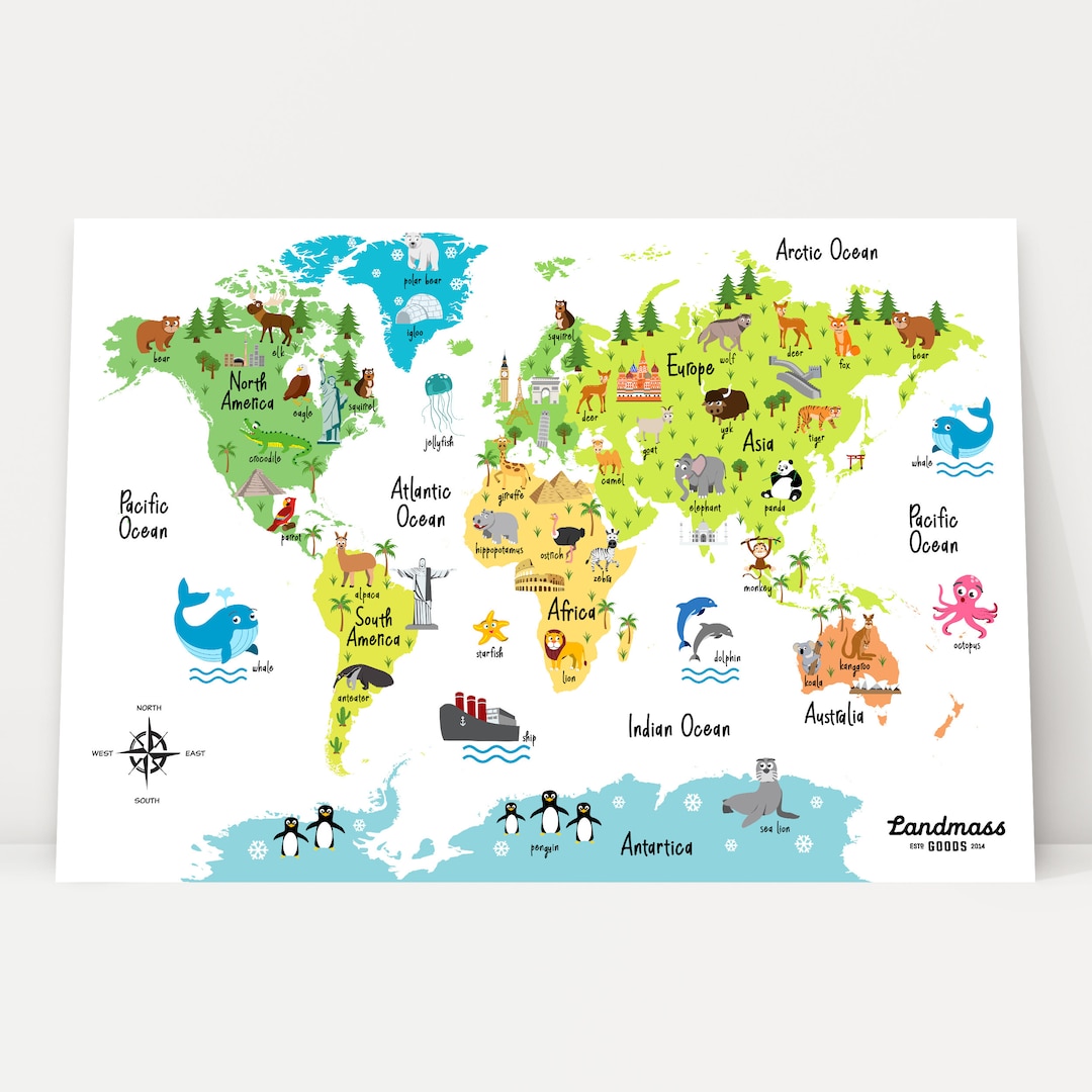 24x36 Kids Animal World Map Poster Print - Educational - Animals ...