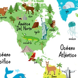 16x20 Spanish Children's Animal World Map Poster - Mapa Del Mundo Para ...