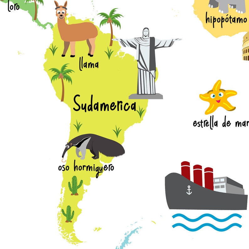 16x20 Spanish Children's Animal World Map Poster Mapa | Etsy
