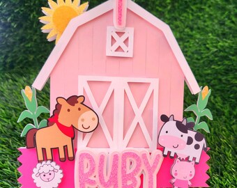 PERSONALIZED Pink Barnyard Cake Topper DIGITAL FILE Pink Farm Barn Cake ...