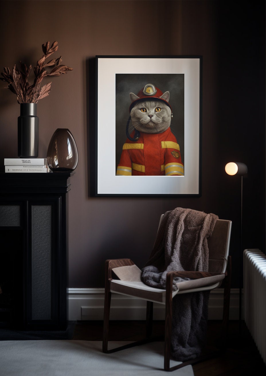 British Shorthair Firefighter Cat Painting Digital Download - Heroic ...
