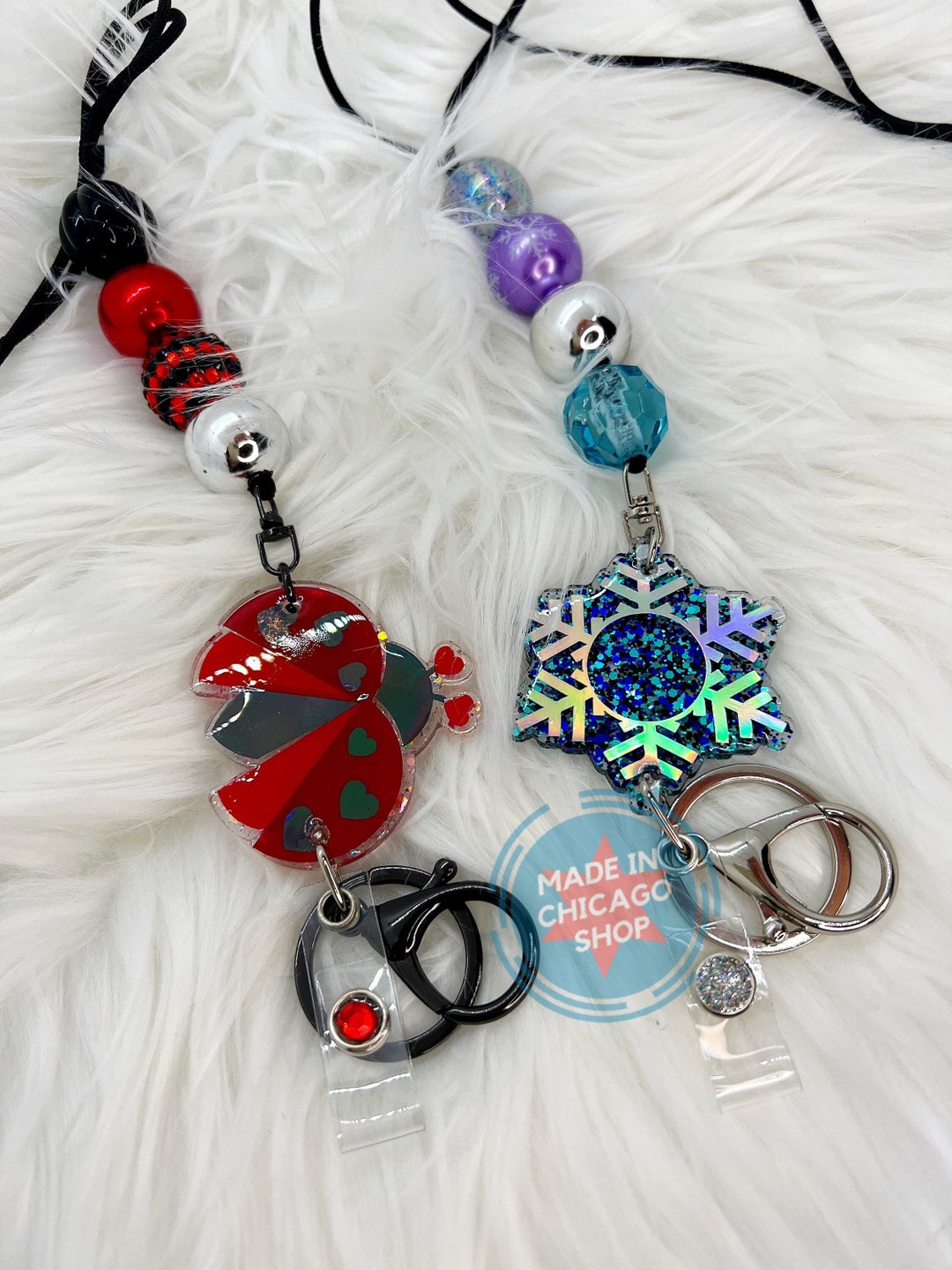 Ladybug or Snowflake Beaded Lanyard With Keyring, Lobster Clasp ...