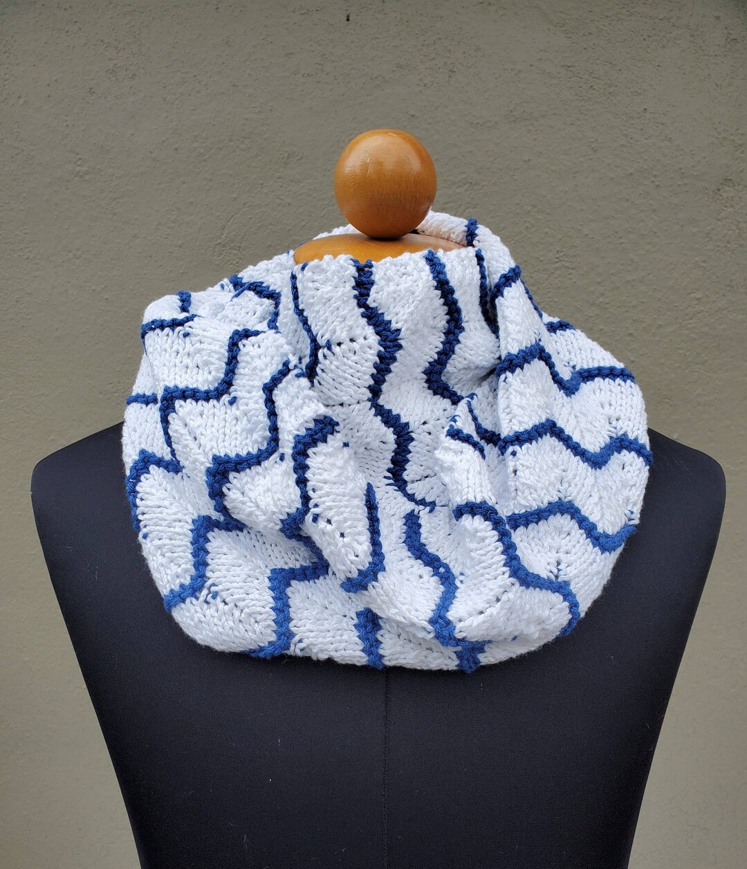 Handknit Cotton Infinity Scarf. Indigo Blue and White Chevron Lace ...