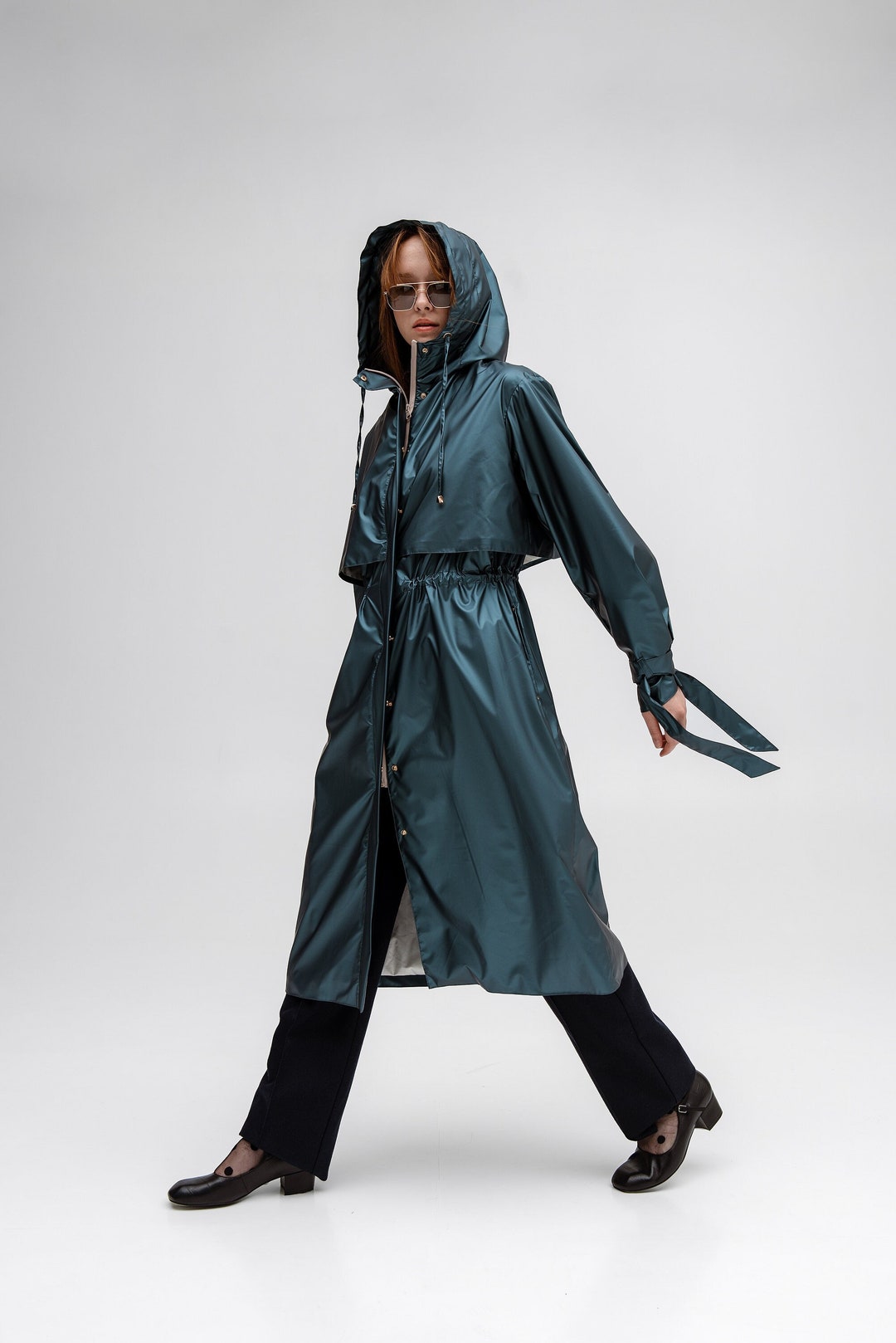 Women's Green Hooded Trench Raincoat Emerald Coat - Etsy UK