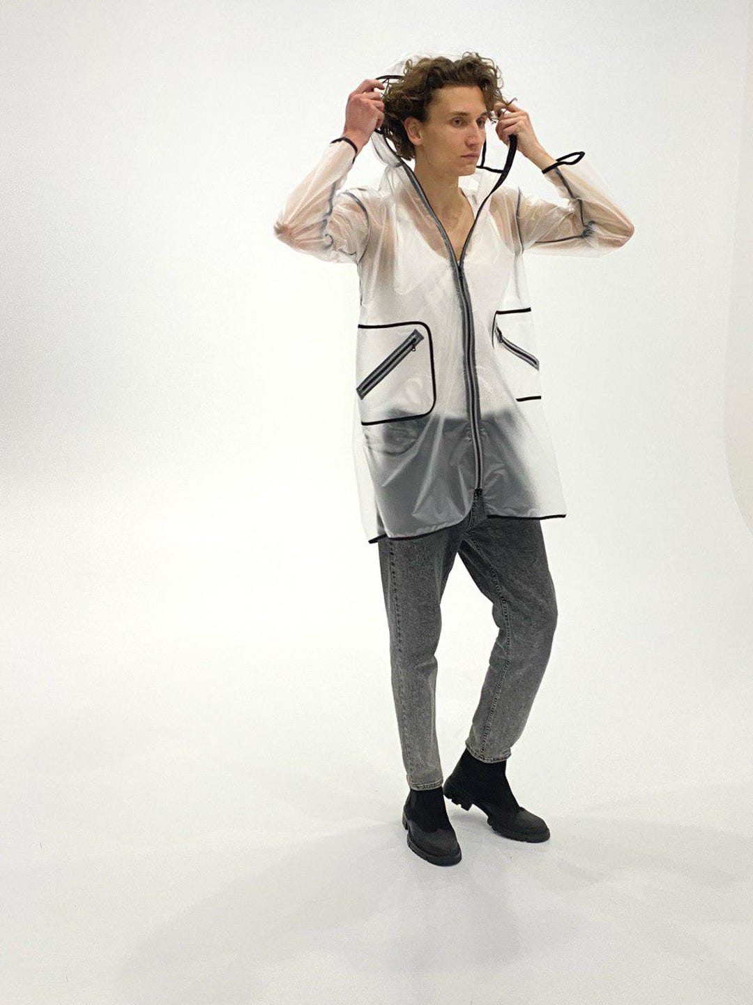 Fall Unisex Transparent Matte Raincoat With Silver Holographic Edging ...