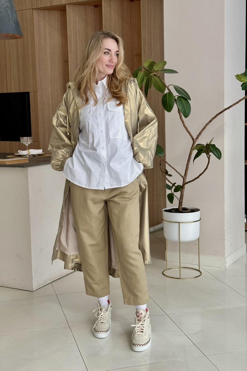 Shiny Gold Raincoat | Oversized Travel Coat With Hood | Statement ...