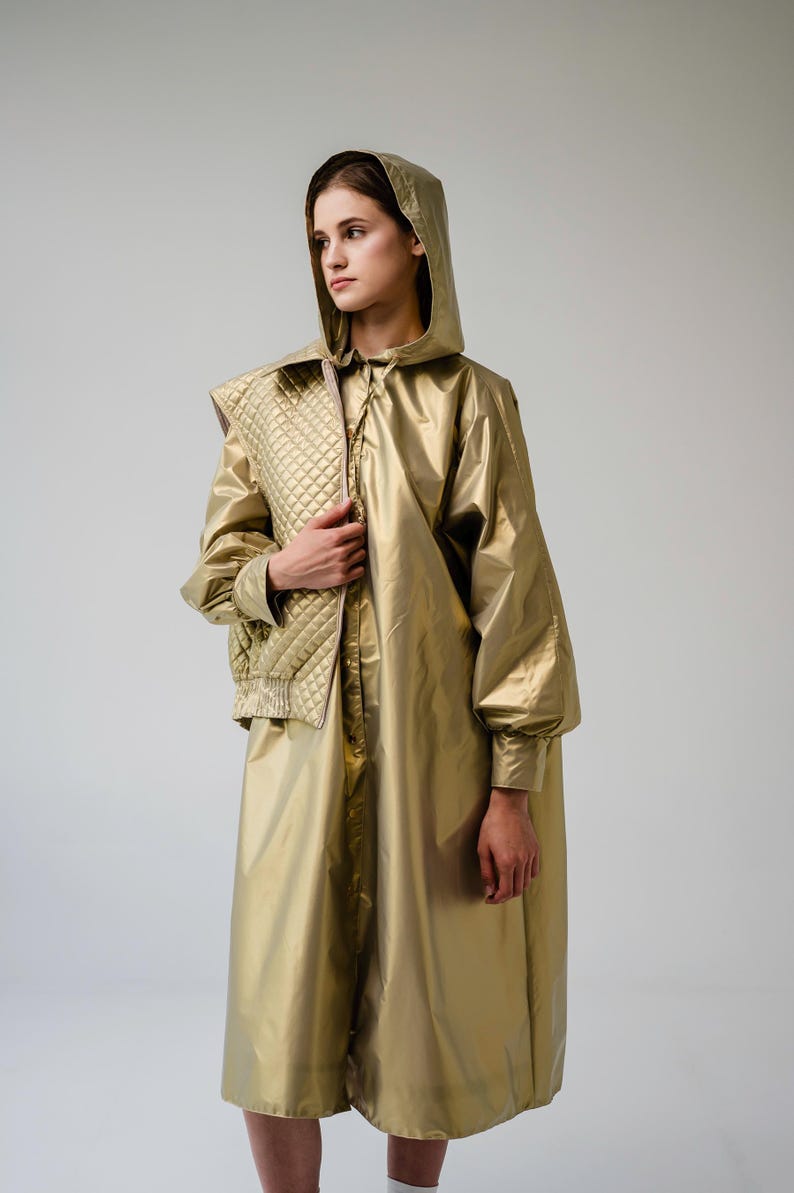Shiny Gold Raincoat | Oversized Travel Coat With Hood | Statement ...