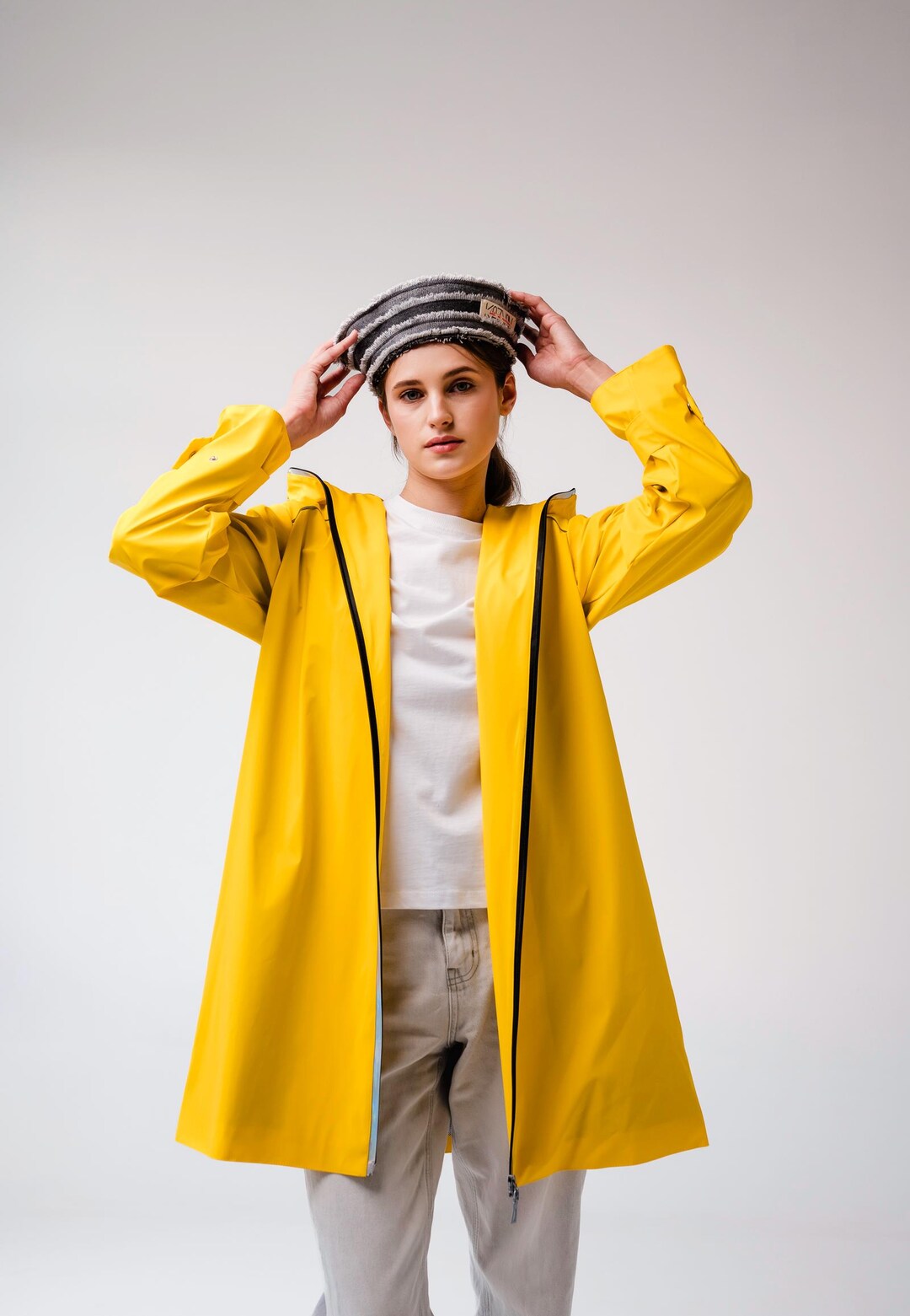 Handmade Yellow Waterproof Raincoat: Holographic Zipper, Spring Fall ...