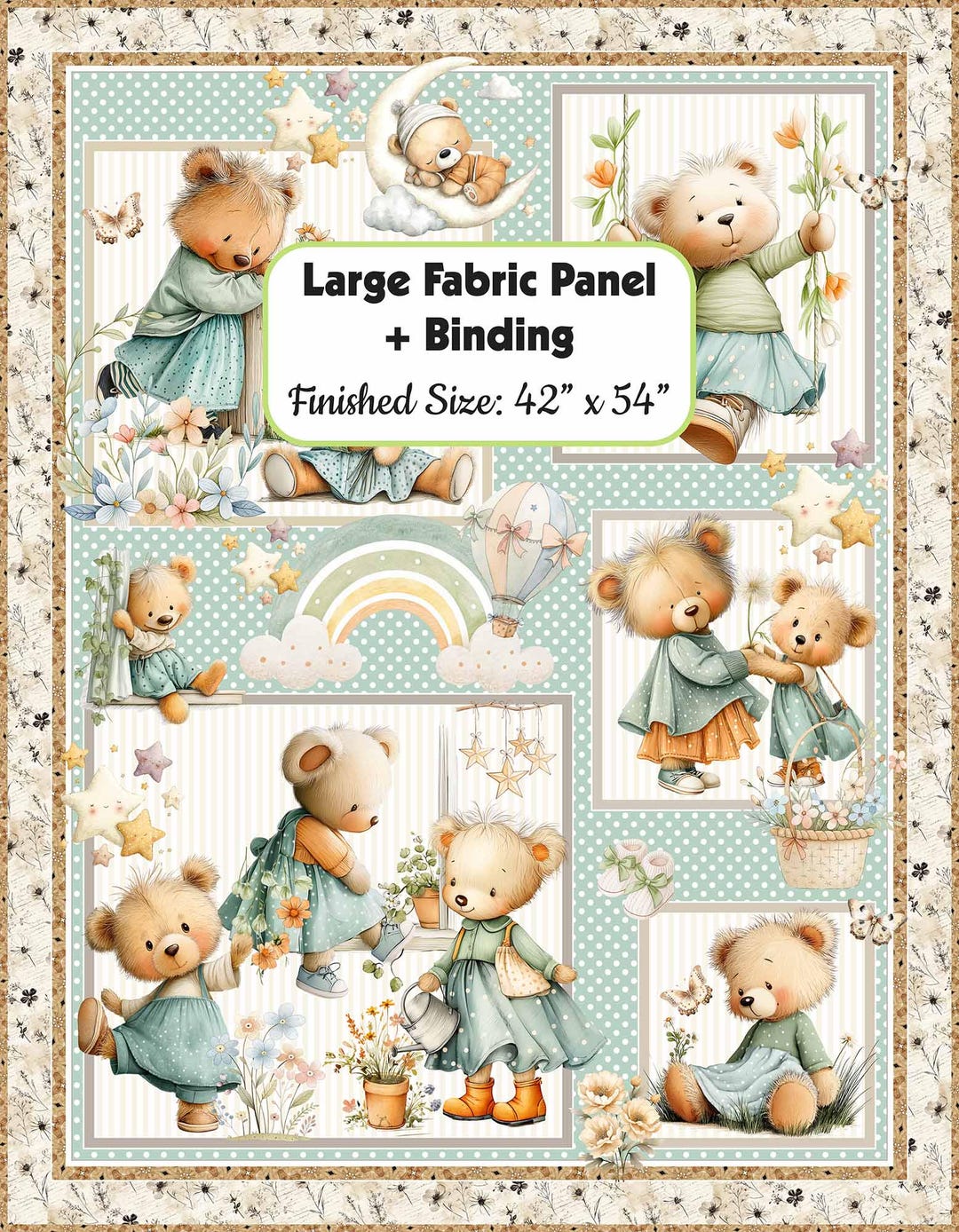 Fabric PANEL Plus BINDING - Whimsical Teddy Bear Momma Baby Play in ...