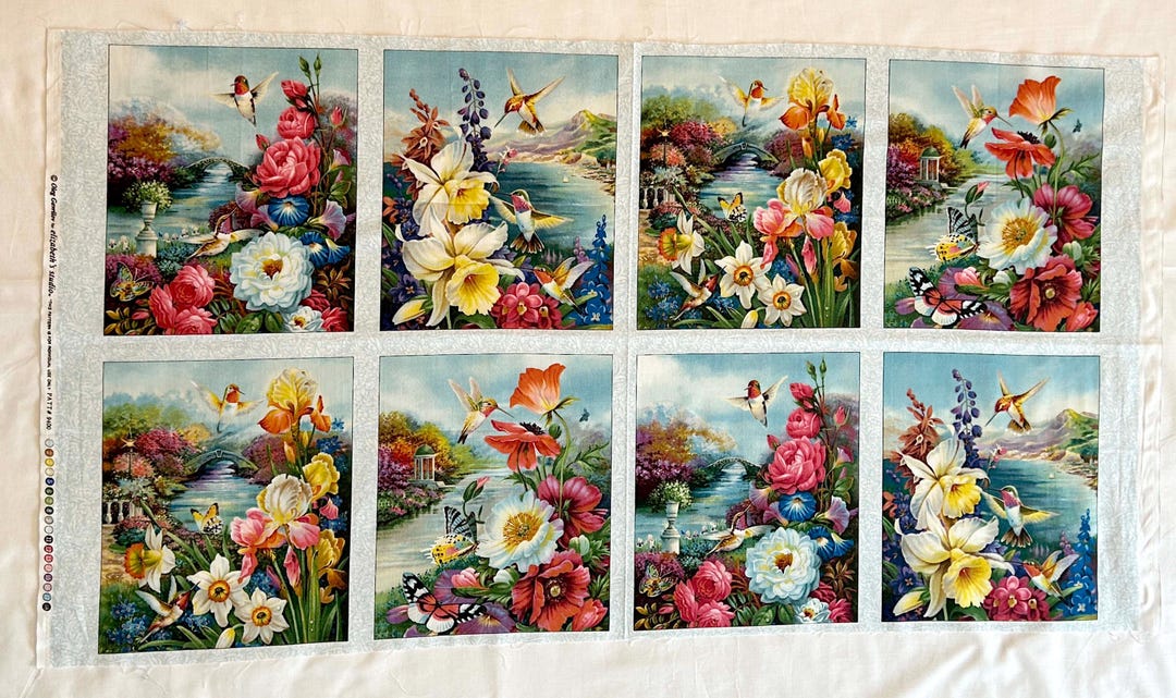 Hummingbirds Fabric Quilt Panel — 43" X 23.5" — 8 Floral Blocks ...