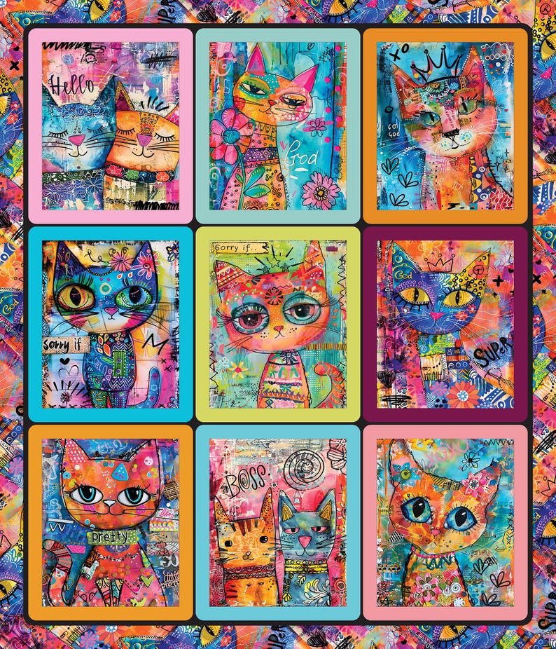 Whimsical Cat Fabric Panel Bright Colors Artistic Style Hand Drawn ...