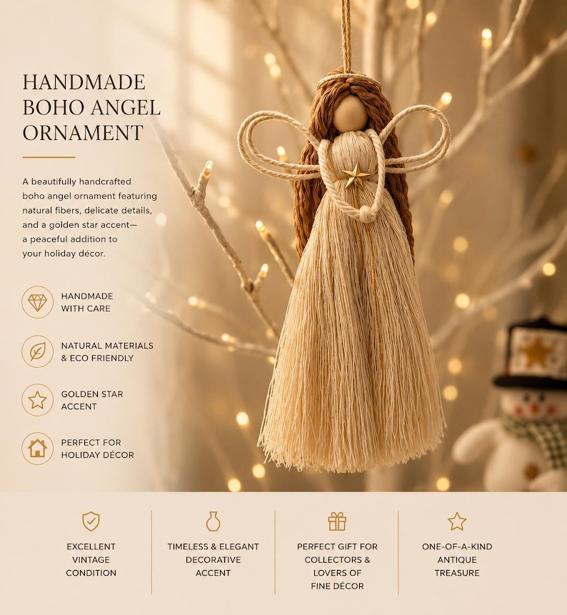 Handmade Macrame Angel Ornament With Golden Star Accent, Natural Fibers ...