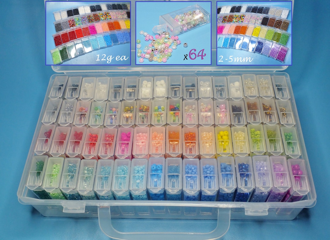 Giant SEED BEAD Assorted Variety Box - 64 Reusable Tubs (2mm - 4mm) in ...