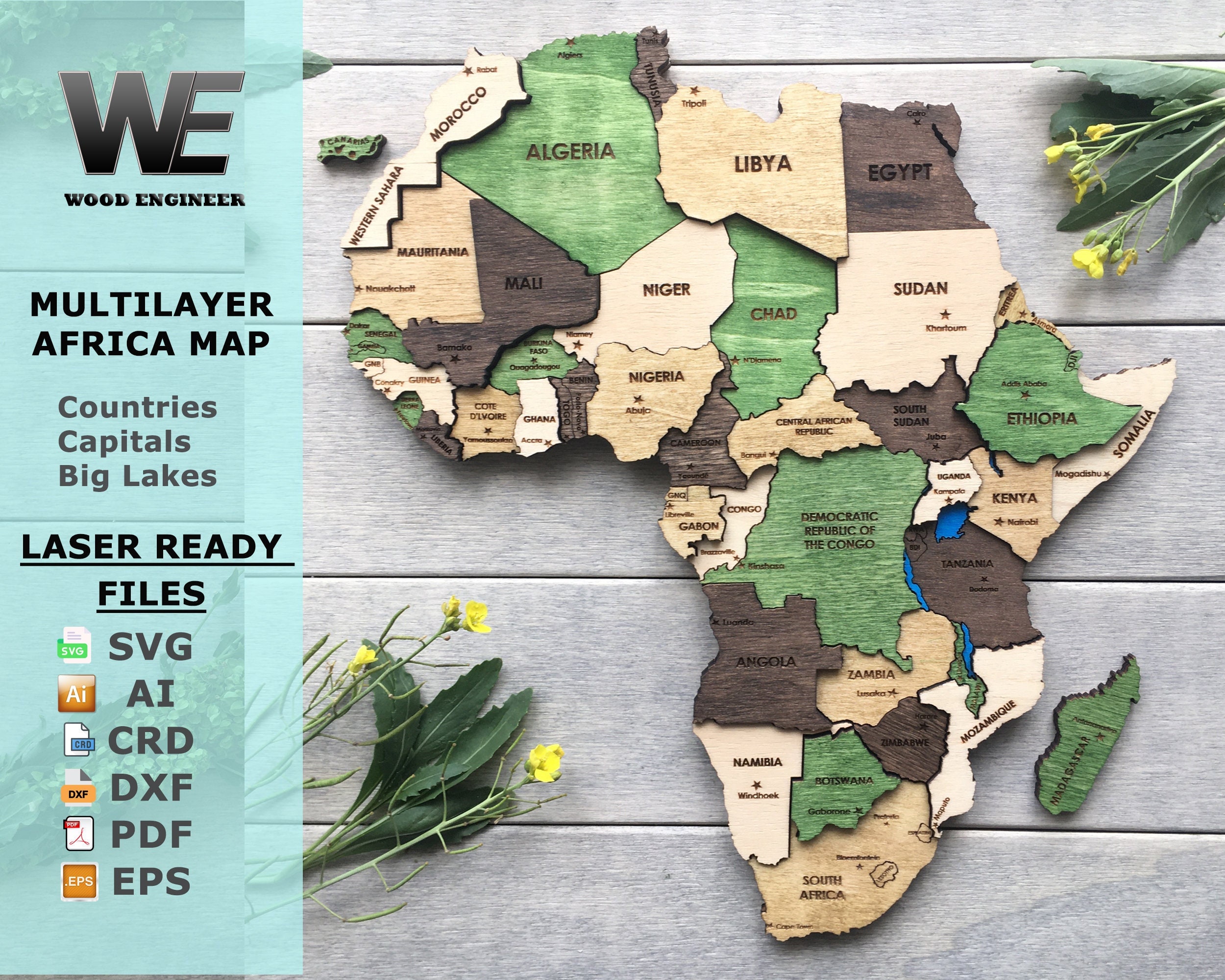 3D Wooden Africa Map Laser Cut File-svg Vector File-crd,dxf,ai,pdf,eps ...