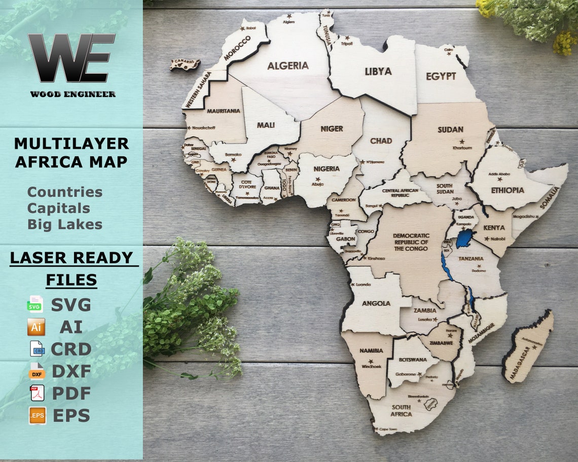 3D Wooden Africa Map Laser Cut File-svg Vector File-crd,dxf,ai,pdf,eps ...