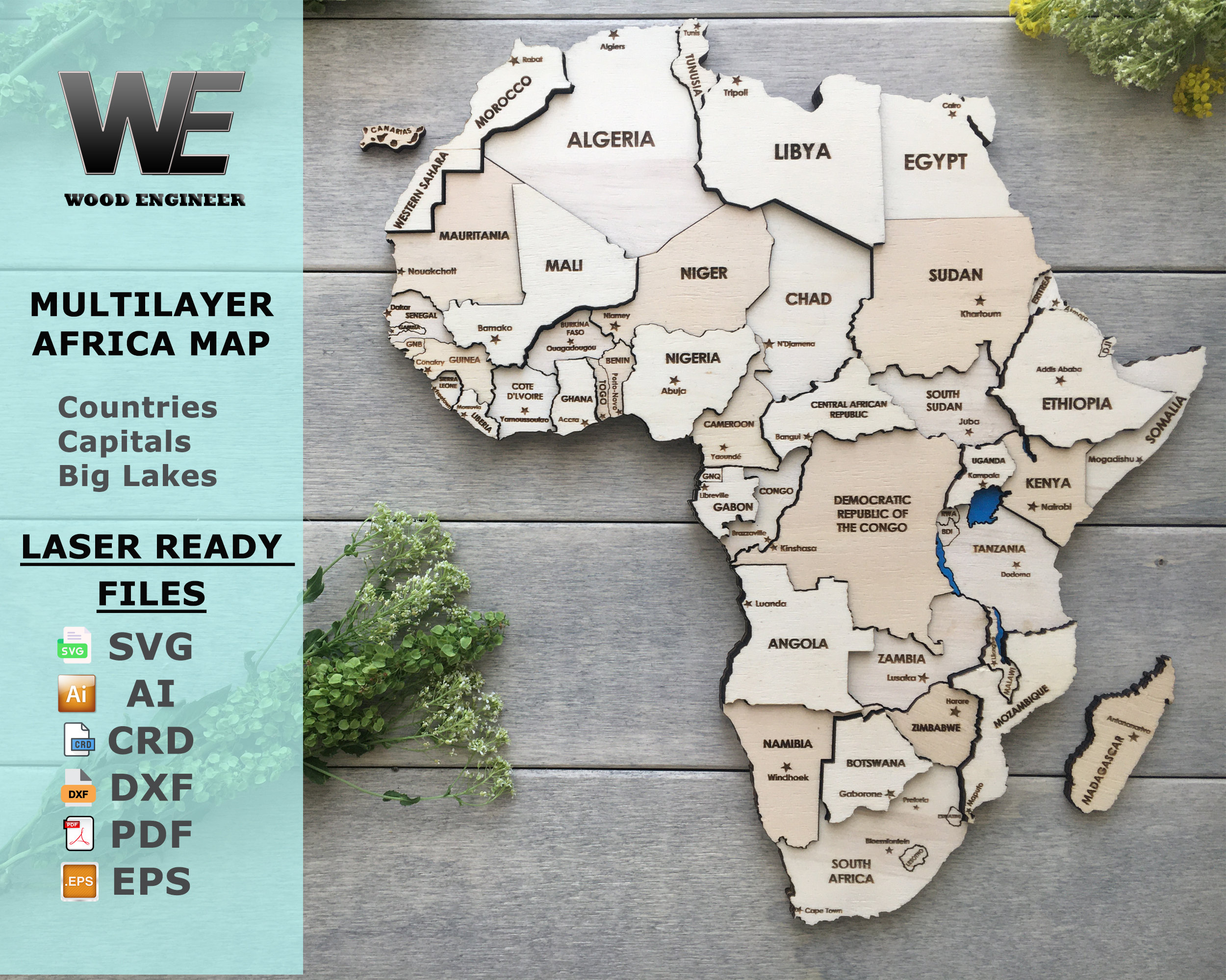 3D Wooden Africa Map Laser Cut File-svg Vector File-crd,dxf,ai,pdf,eps ...