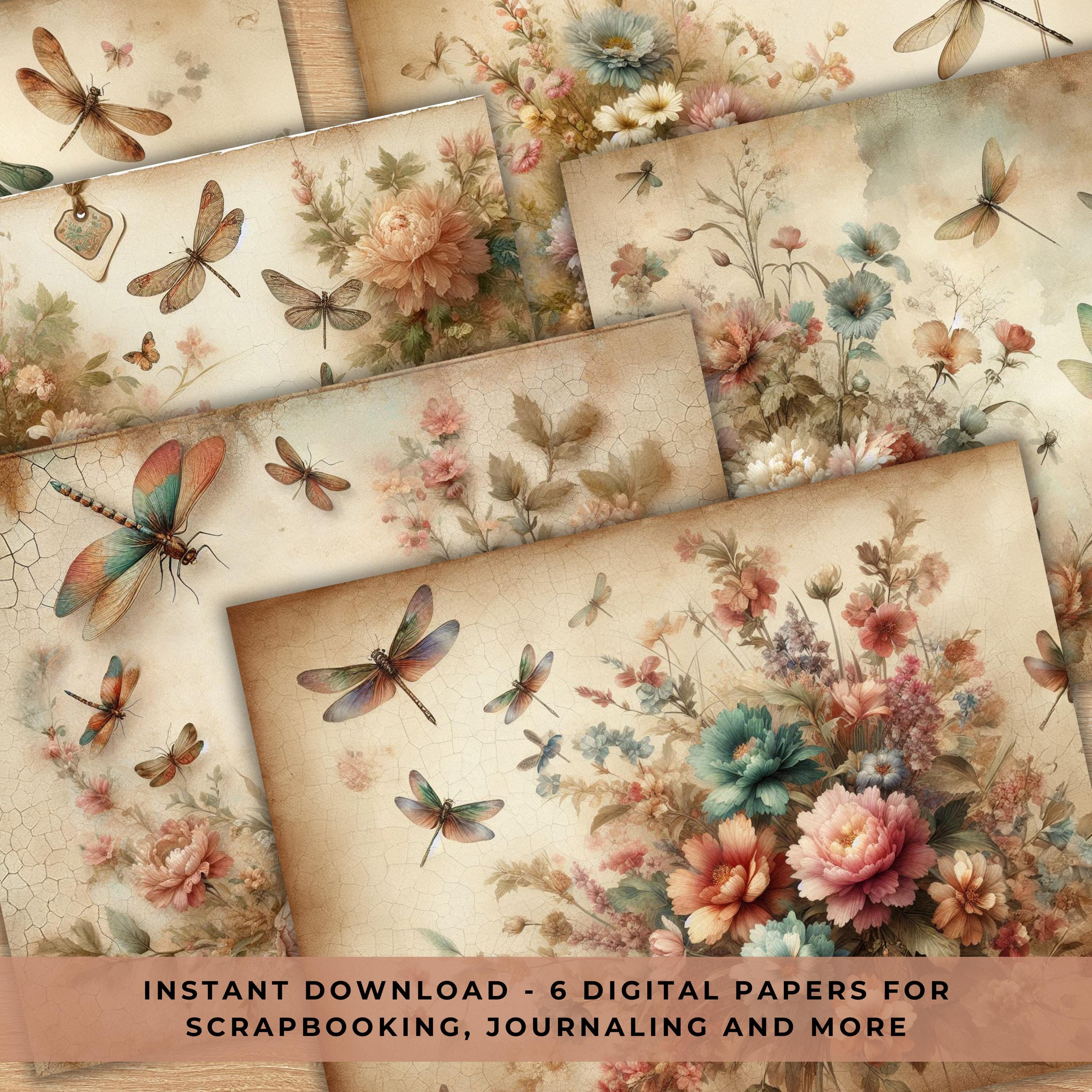 Dragonflies & Flowers Journal Digital Paper, Vintage 6 Digital Journal ...