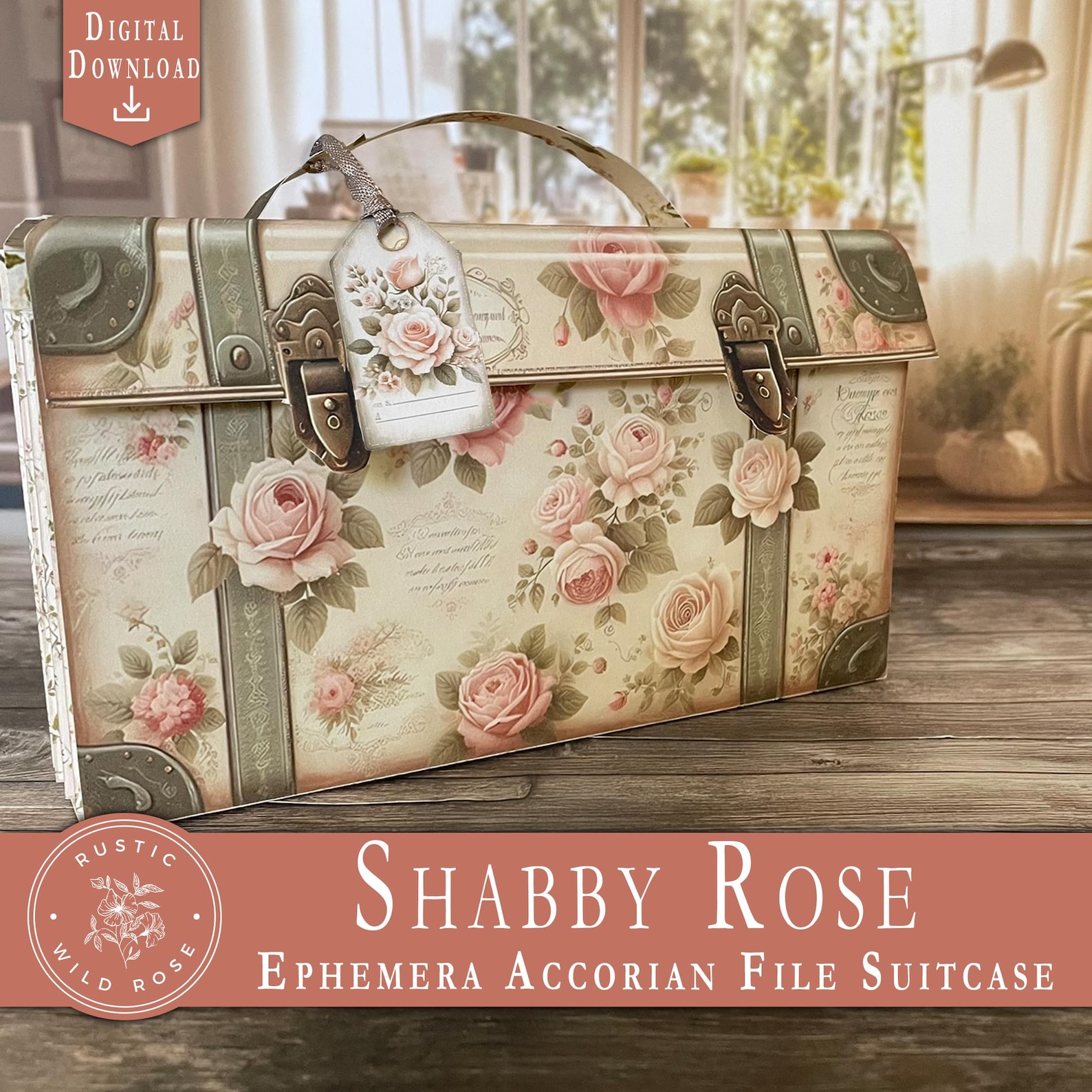 Vintage Shabby Rose Digital Accordion File Suitcase | Printable ...