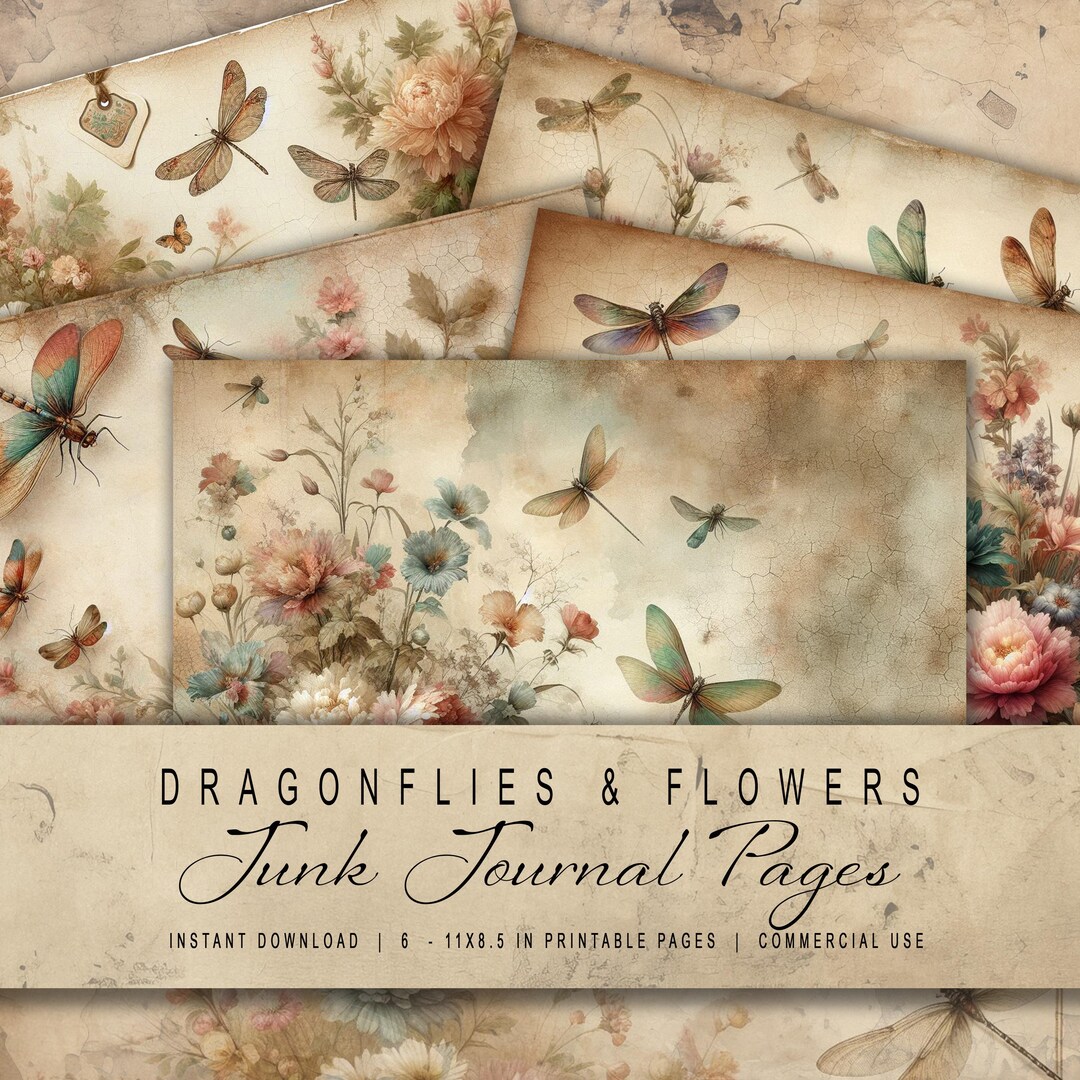 Dragonflies and Flowers Journal Pages, Vintage Flowers, Floral ...