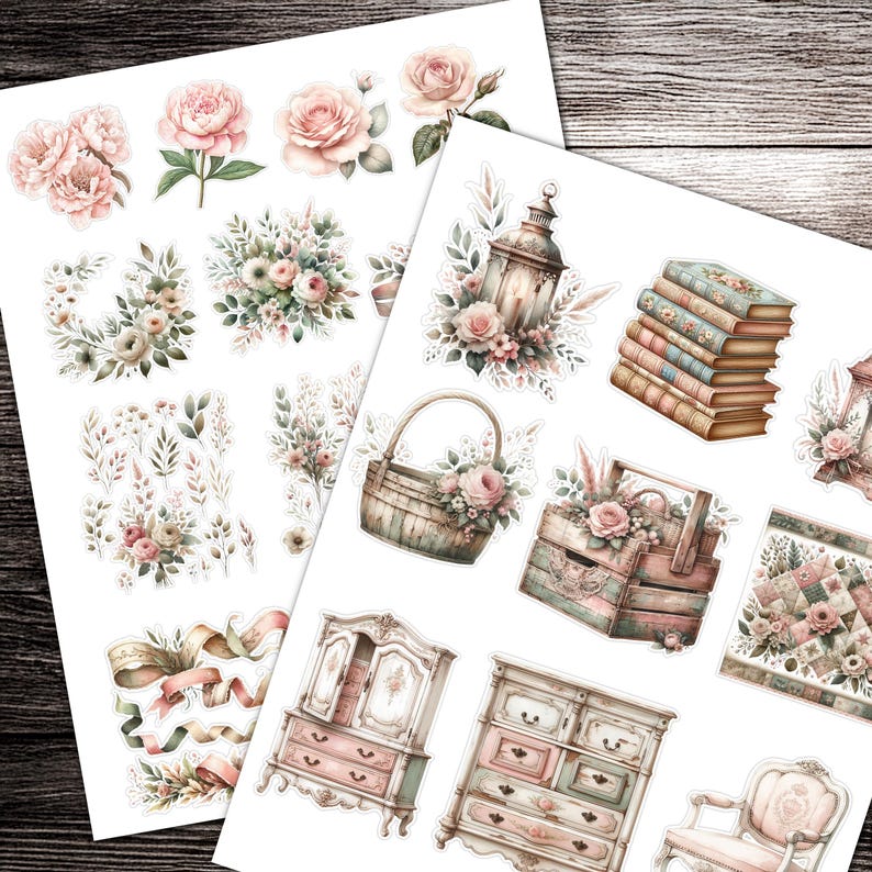 Shabby Chic Floral Clipart – Vintage Rose Digital Download – Romantic ...