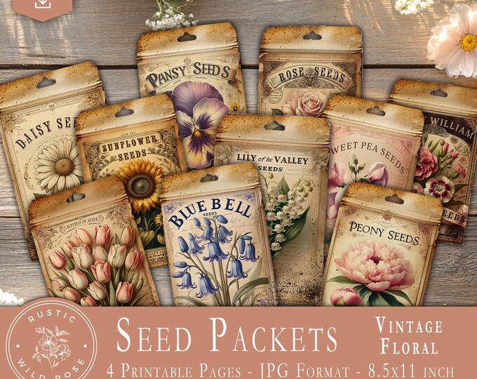 Printable Vintage Botanical Seed Packet Envelopes Rustic Floral Design ...