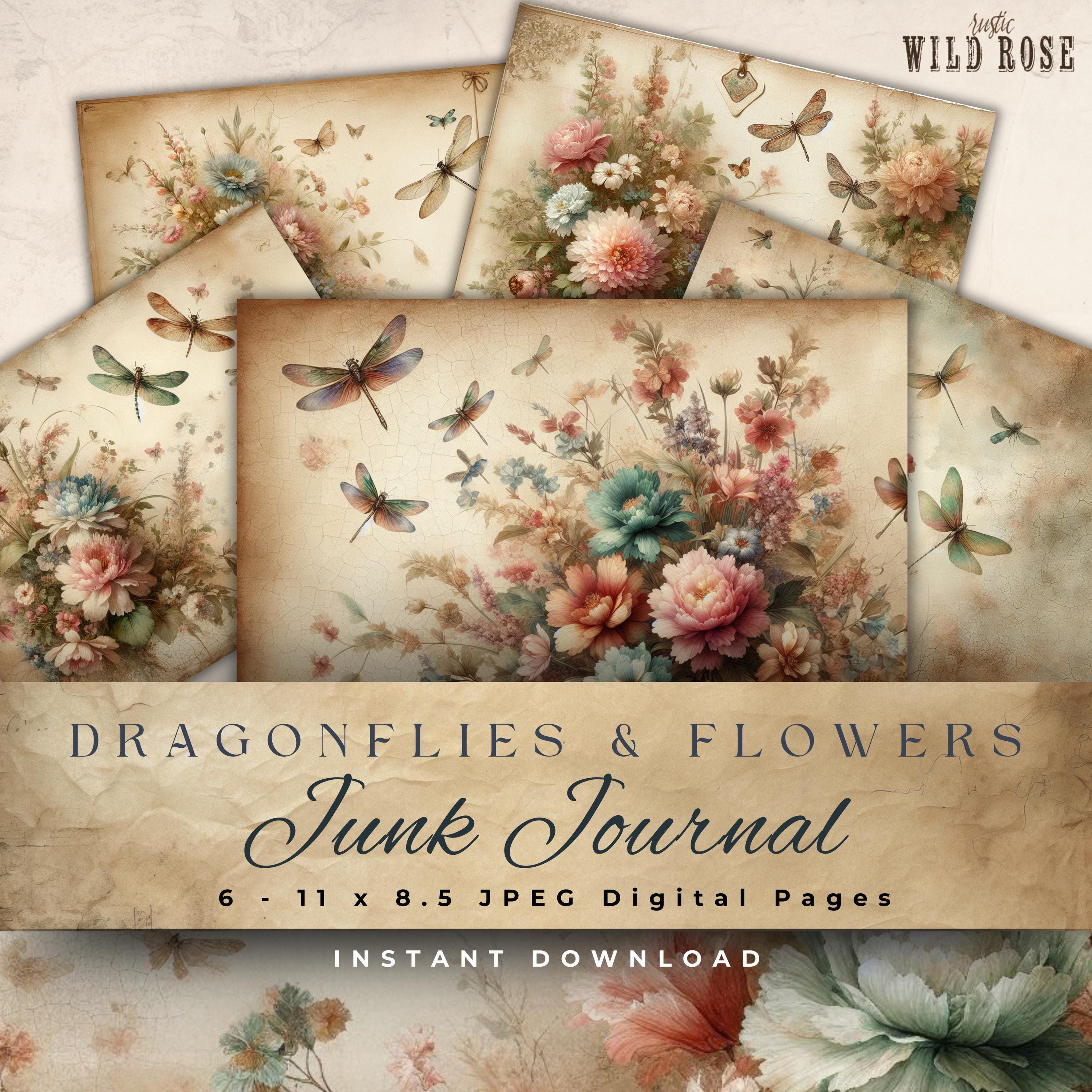 Dragonflies & Flowers Journal Digital Paper, Vintage 6 Digital Journal ...