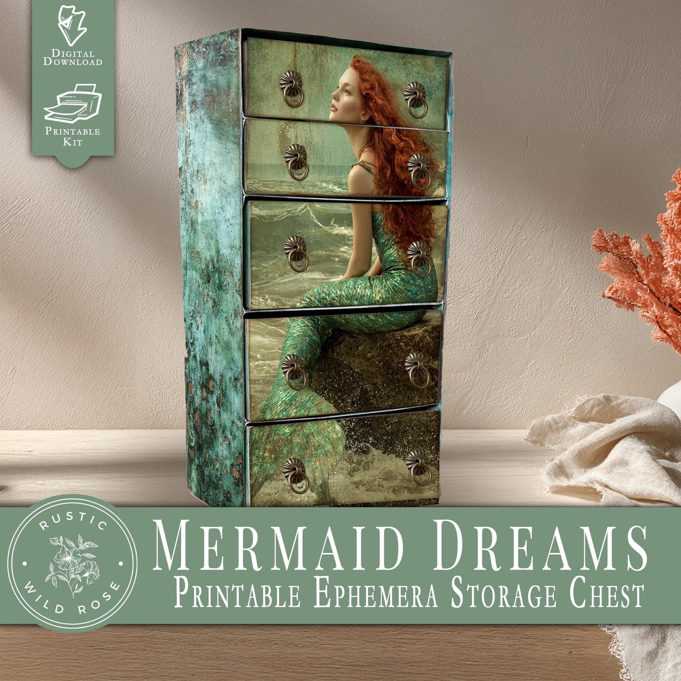 Printable Mermaid Dreams Storage Chest – Vintage Ocean Ephemera Box ...