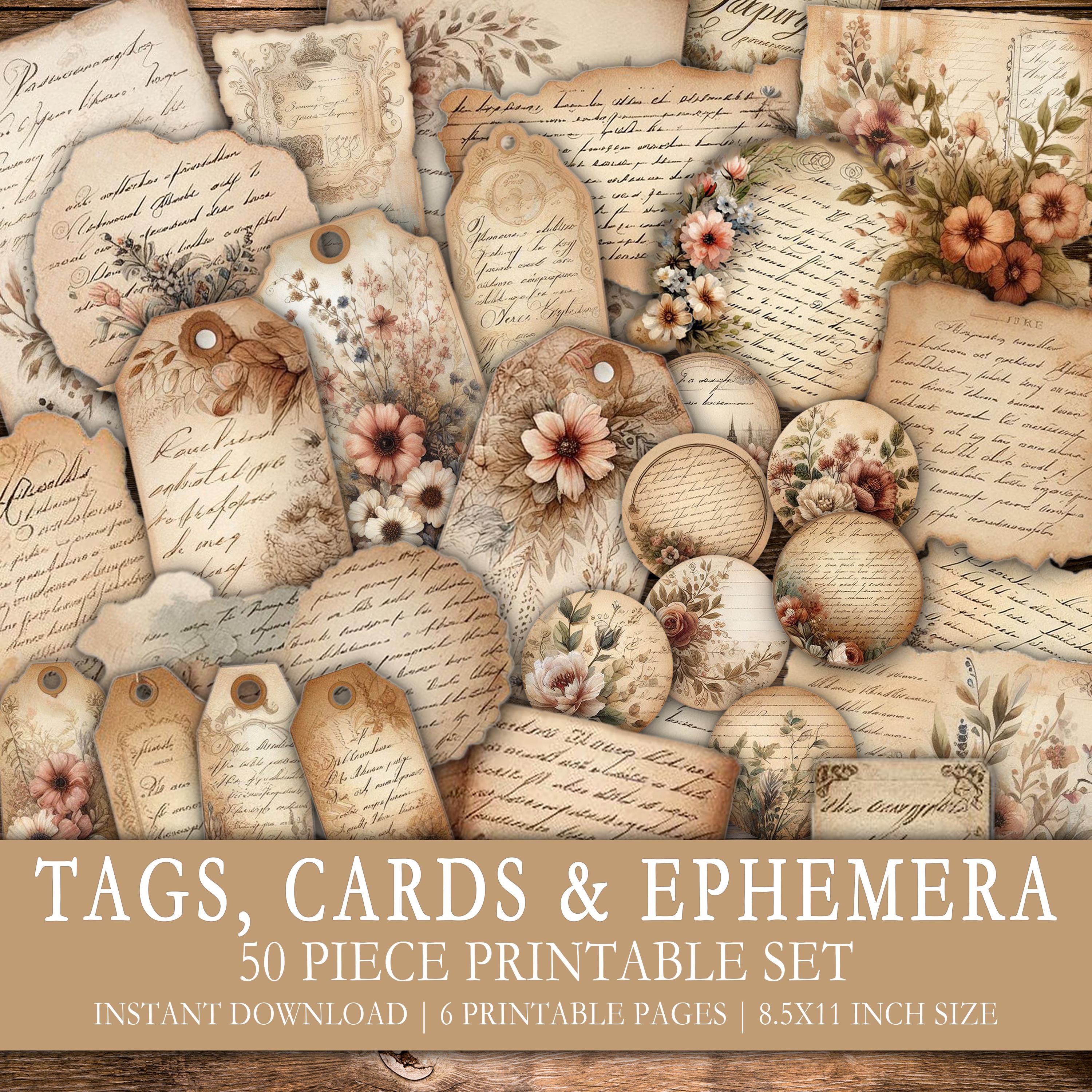 Vintage Ephemera Scraps | Printable Ephemera Kit of 50 Aged & Text ...