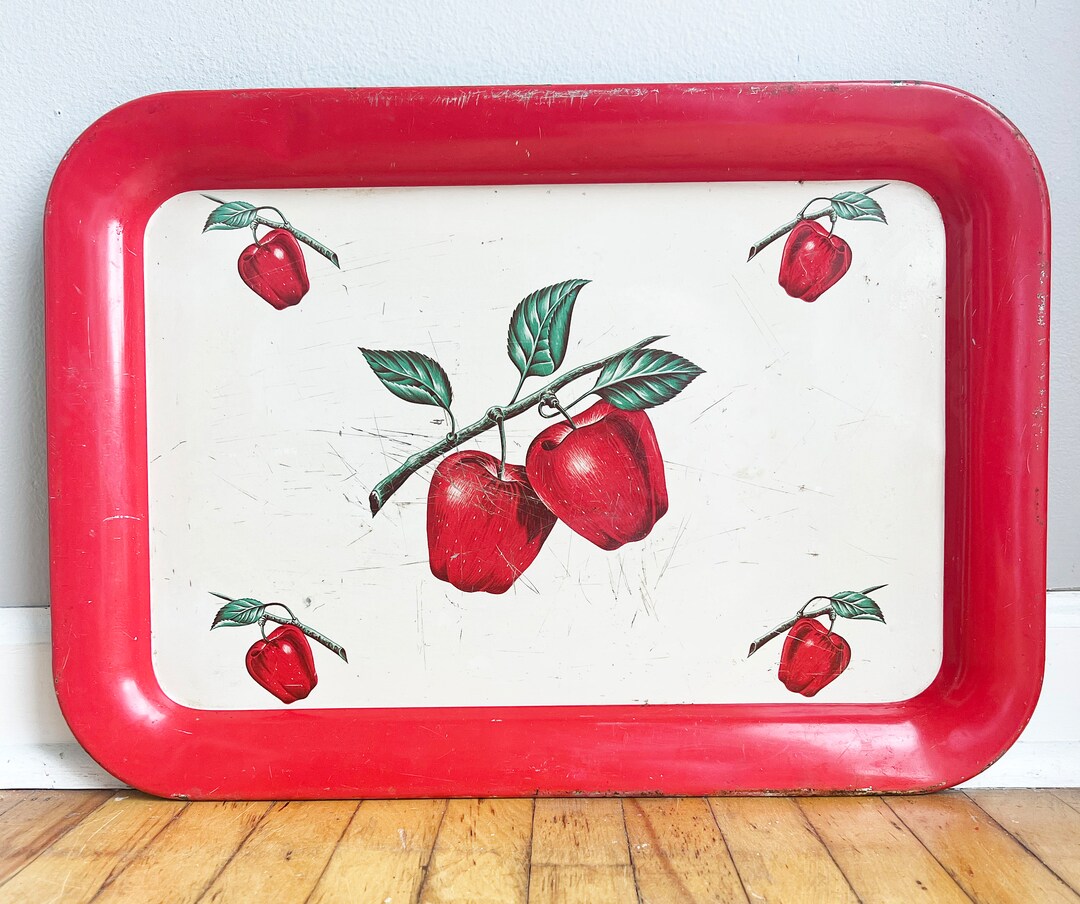 Vintage Rustic Metal Apple Tray Decorative Trays Fall Decor Trays Red ...