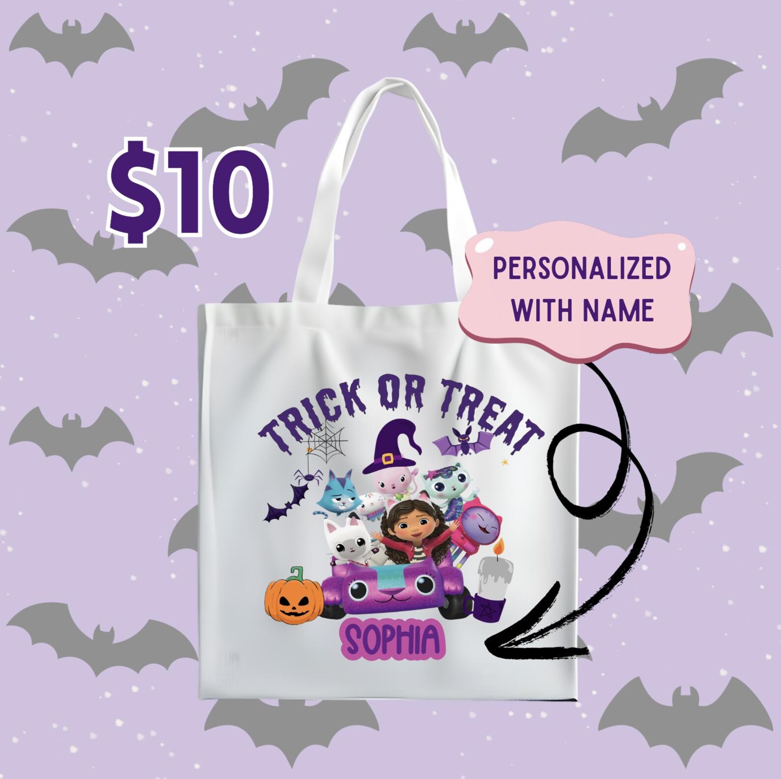 Personalized Gabby's Dollhouse Candy Halloween Tote Bag | Custom ...