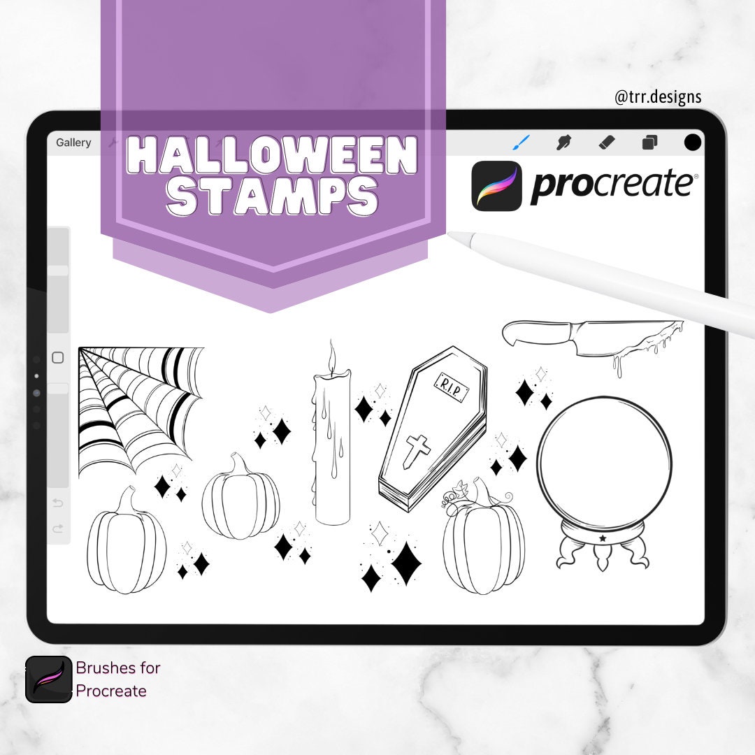 Set of 9 Halloween Stamps for Procreate, Procreate Brushes, Set of ...