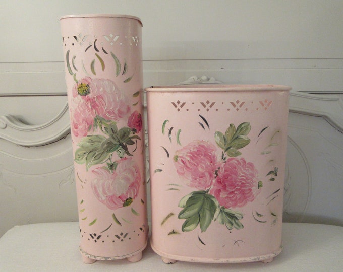 Vintage Shabby Pale Pink Hand Painted Tole Set Peonies - Etsy