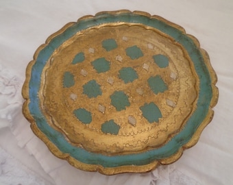 Vintage Round Italian Florentine Tray Aqua and Gold Renaissance Gilt ...