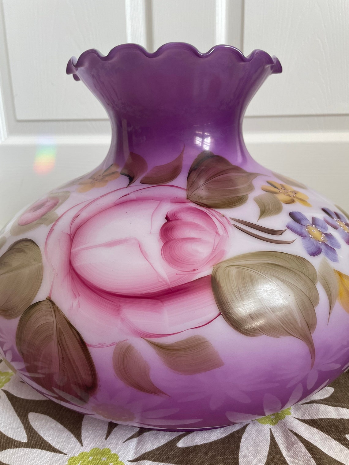 Victorian Hand Painted Purple Opal Glass Hurricane Lamp Shade | Etsy