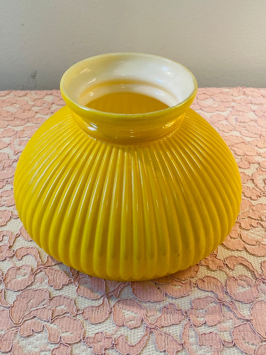 Vintage MCM Yellow Milk Glass Hurricane Lamp Shade Ribbed 6.75 Fitted ...