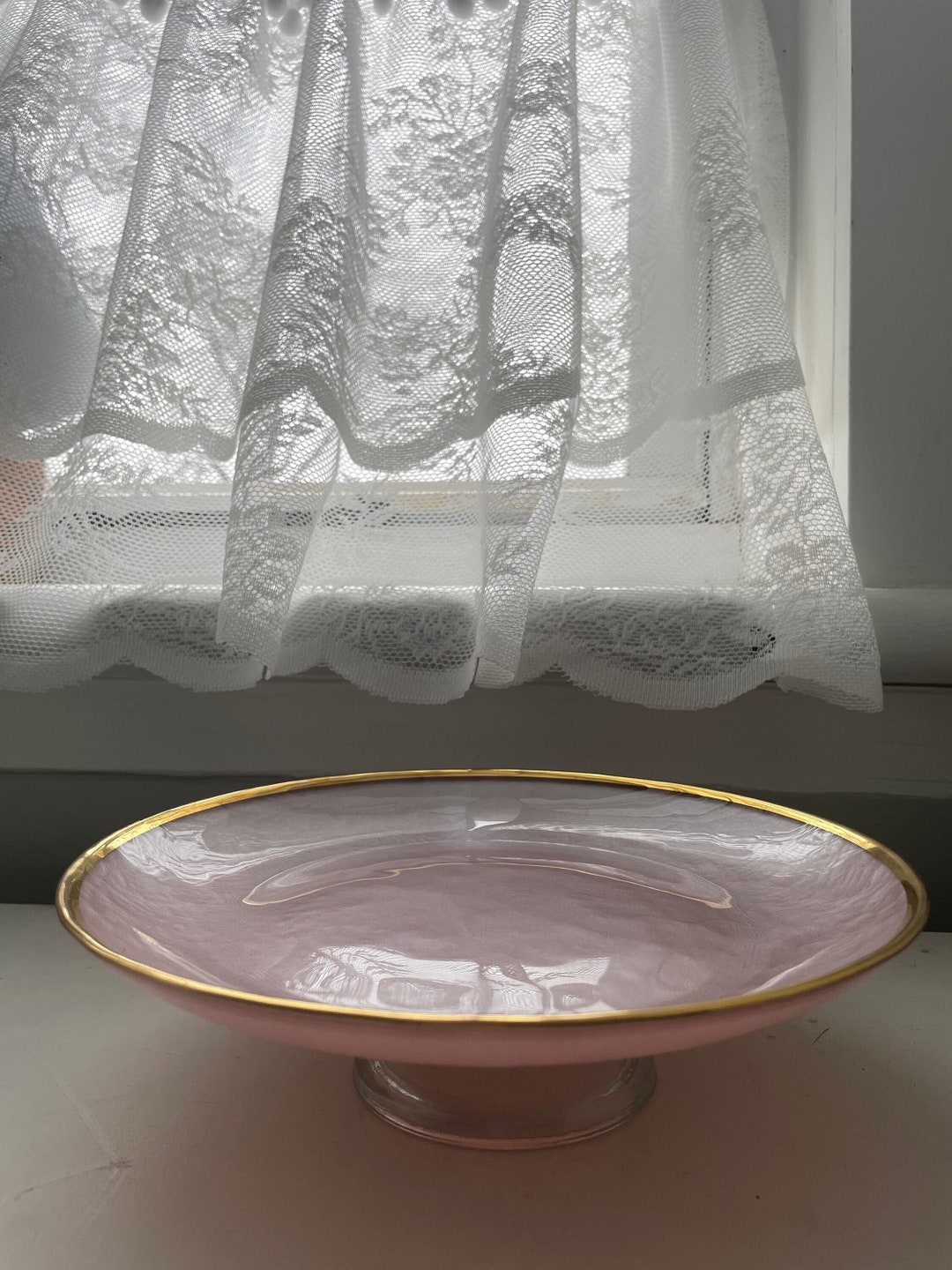 Pink Pearlized Footed Cake Stand Gold Rim Glass Shabby Chic Dessert