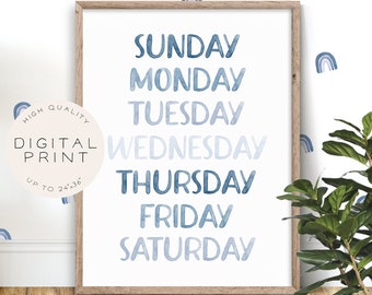 Blue Days of the Week Print Printable Educational Wall Art - Etsy