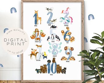 Animal Numbers Poster, 1-10 Counting Animals Print, Learn Numbers ...