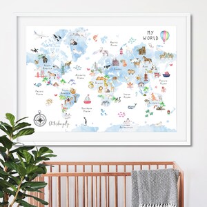 Animal World Map, Blue World Map Nursery Wall Art, Kids World Map, Boys ...