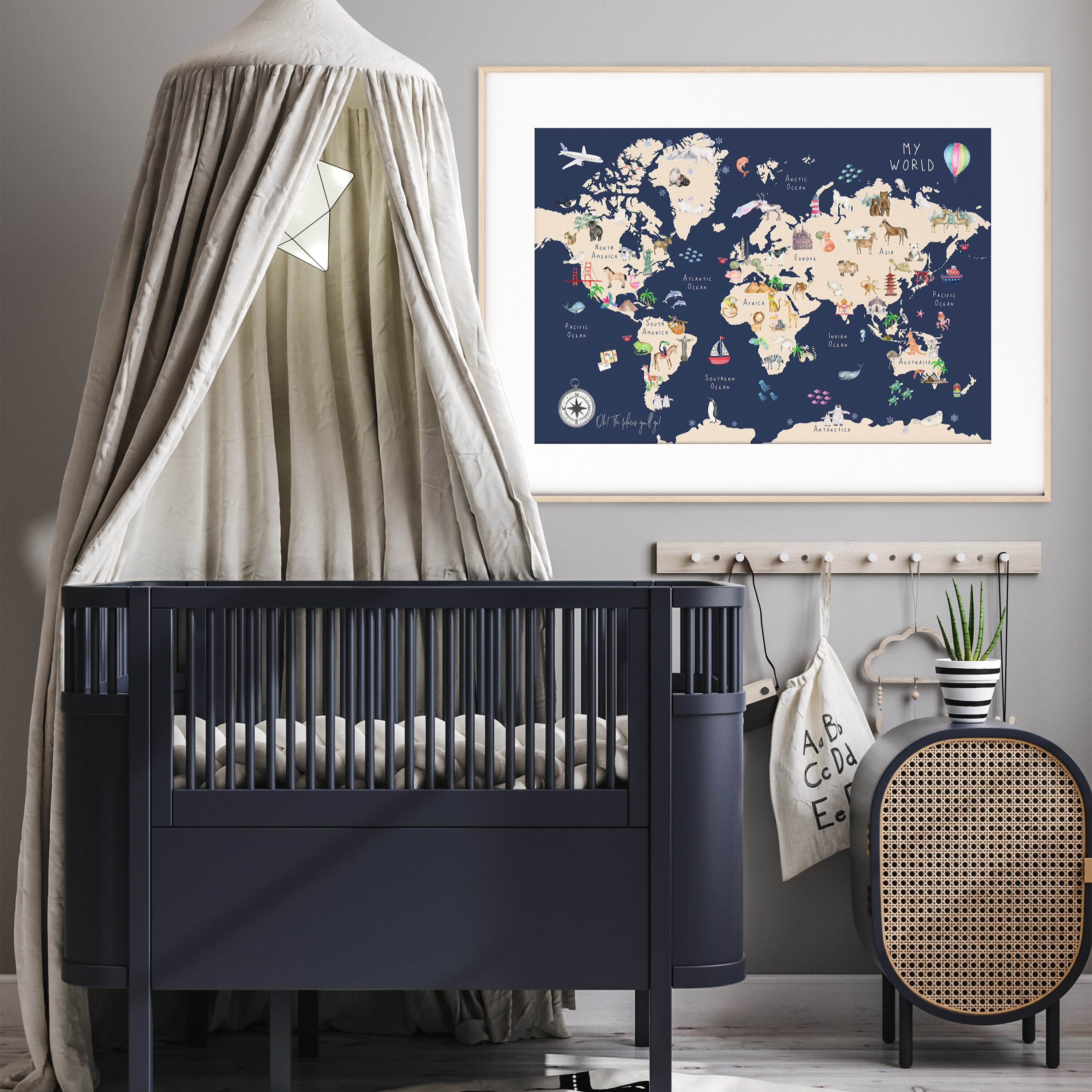 Blue World Map Poster Animal World Map Nursery Print | Etsy Australia