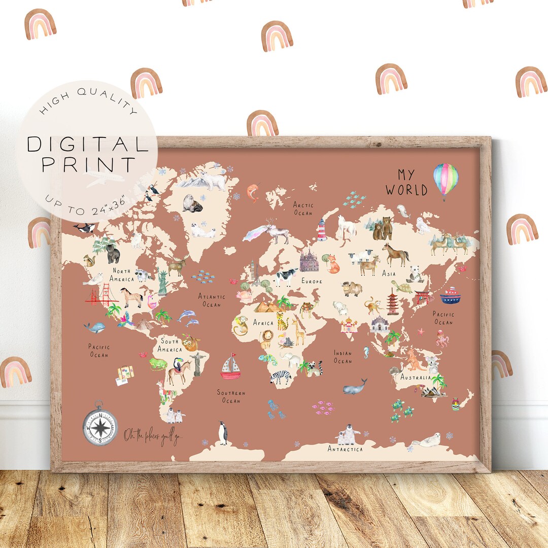 Animal World Map, Boho Kids World Map Poster, Gender Neutral Nursery ...